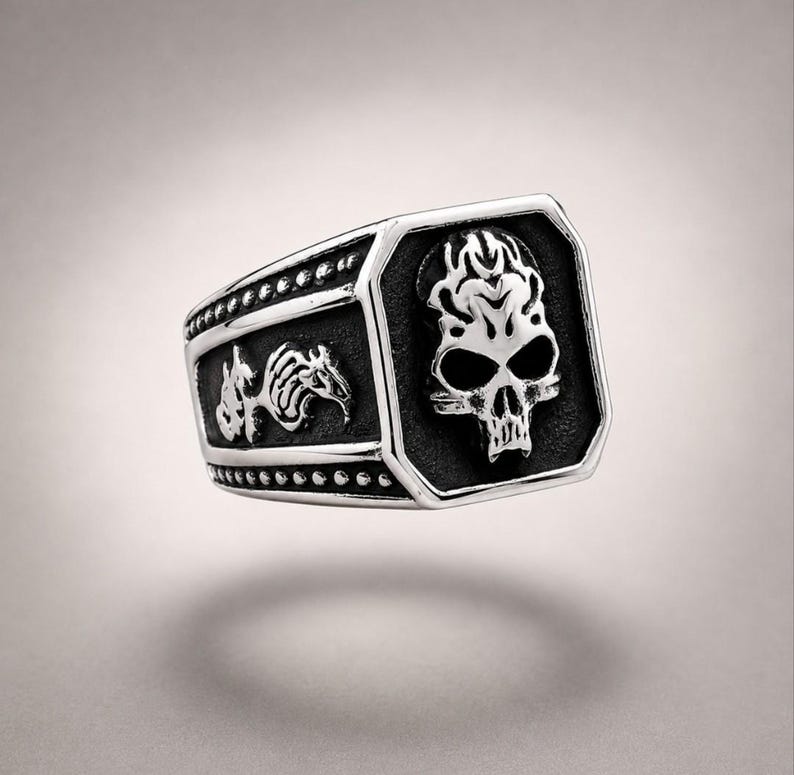 Men's Flaming Skull Ring, Gothic Biker Stainless Steel Statement Band ...