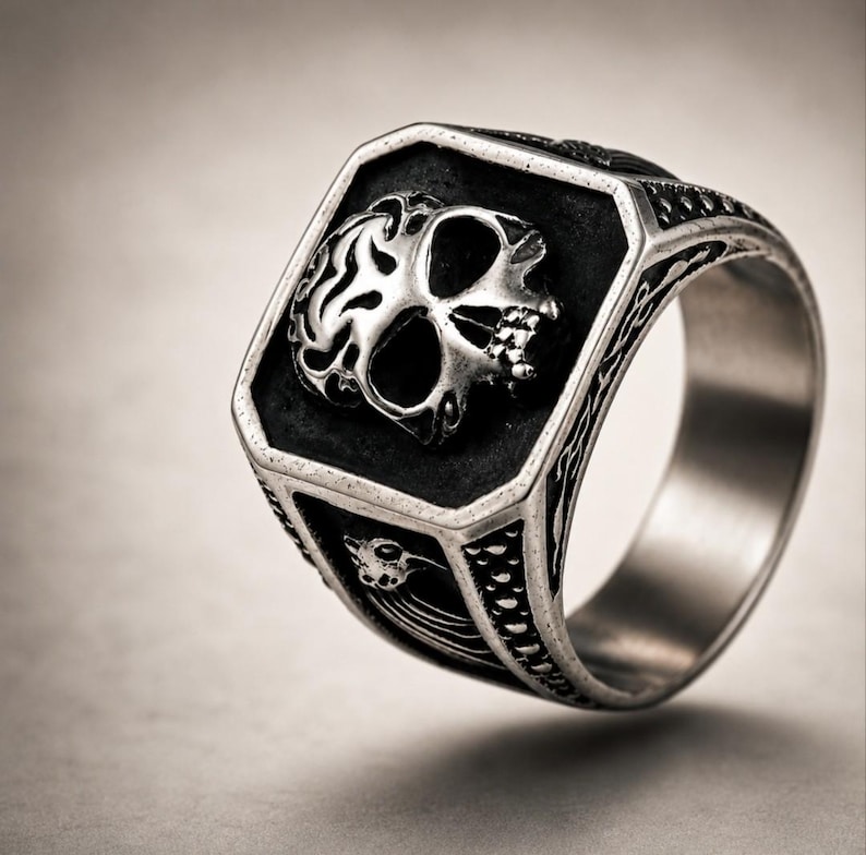 Men's Flaming Skull Ring, Gothic Biker Stainless Steel Statement Band ...