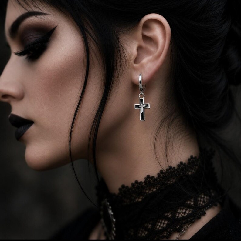Gothic Cross Hoop Earrings, Minimalist Biker Punk Jewelry, Unisex ...