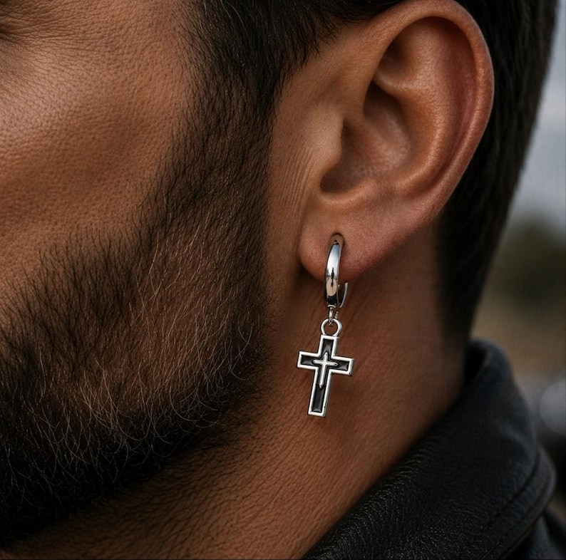 Gothic Cross Hoop Earrings, Minimalist Biker Punk Jewelry, Unisex ...