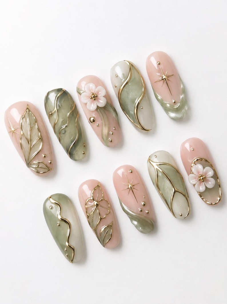 Sage Green Press on Nails | 2D Floral Gold Leaf Fake Nails | Elegant ...