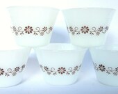 Items similar to Dynaware Custard Cups by Pyr-O-Rey, Set of 5 Brown Floral Milk Glass Dessert ...