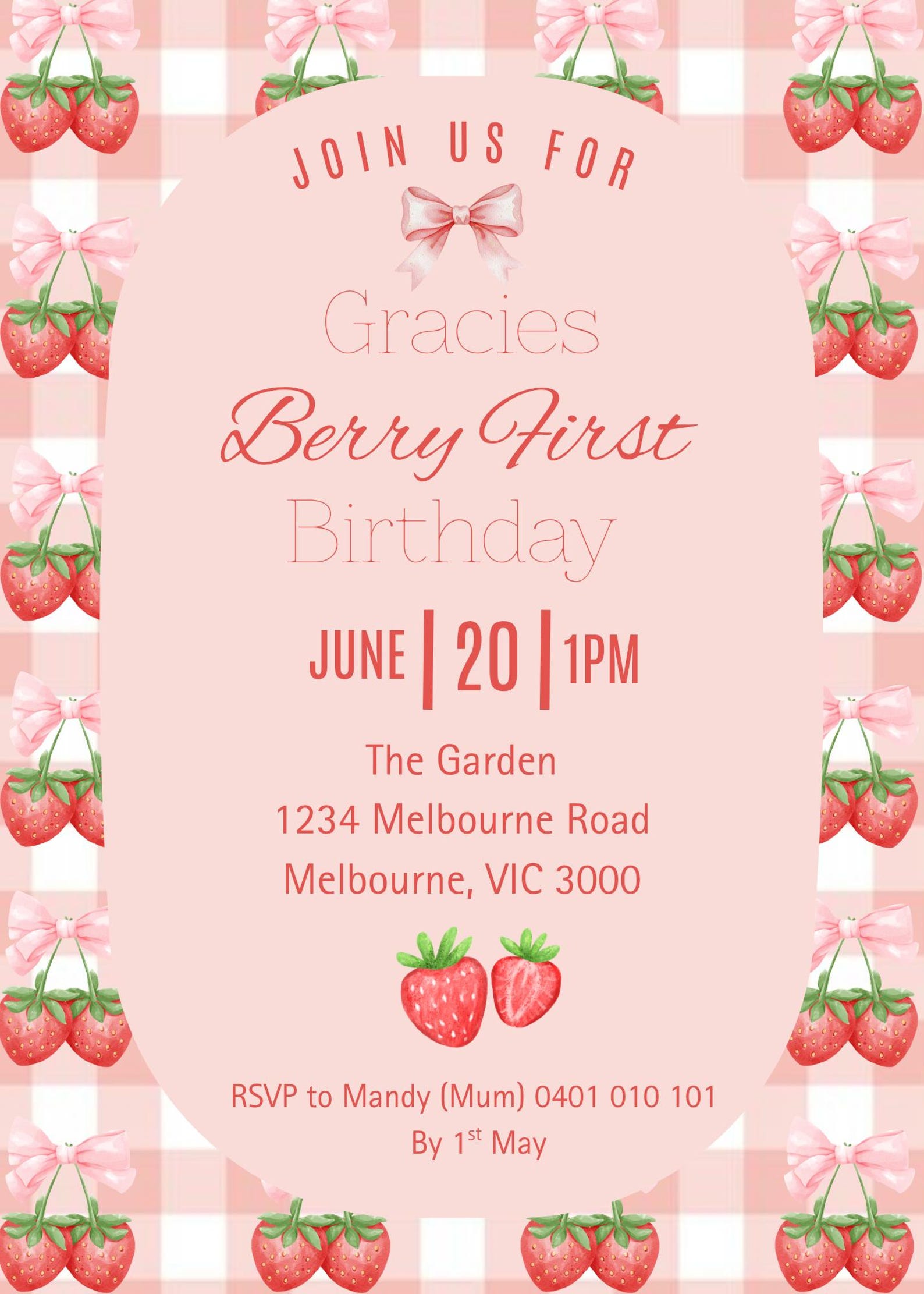One Berry Sweet Birthday Invitation Template | Berry First Birthday ...