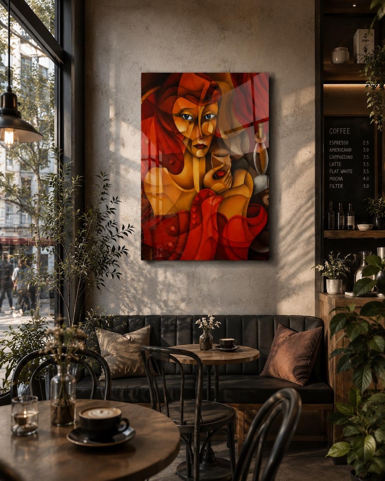 Abstract Cubist Woman Artwork, Red Orange Decor, Tempered Glass Wall ...