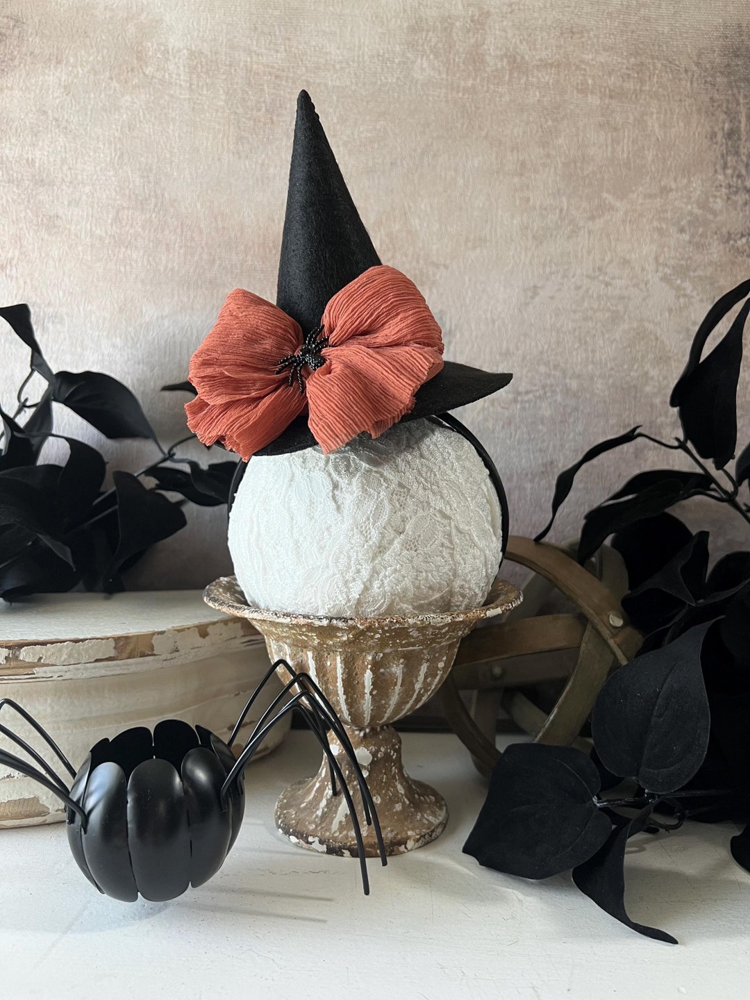 Frayed Crinkle Autumn Orange Boho Bow & Spider Witch Hat on a ...