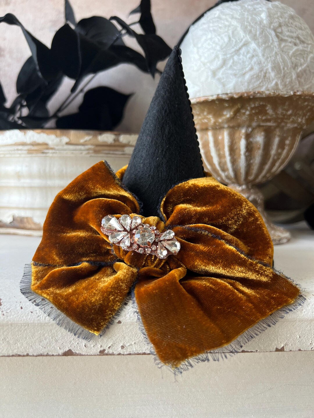 Black Vintage Gold Velvet Bow Witch Hat Headband|halloween Costume ...