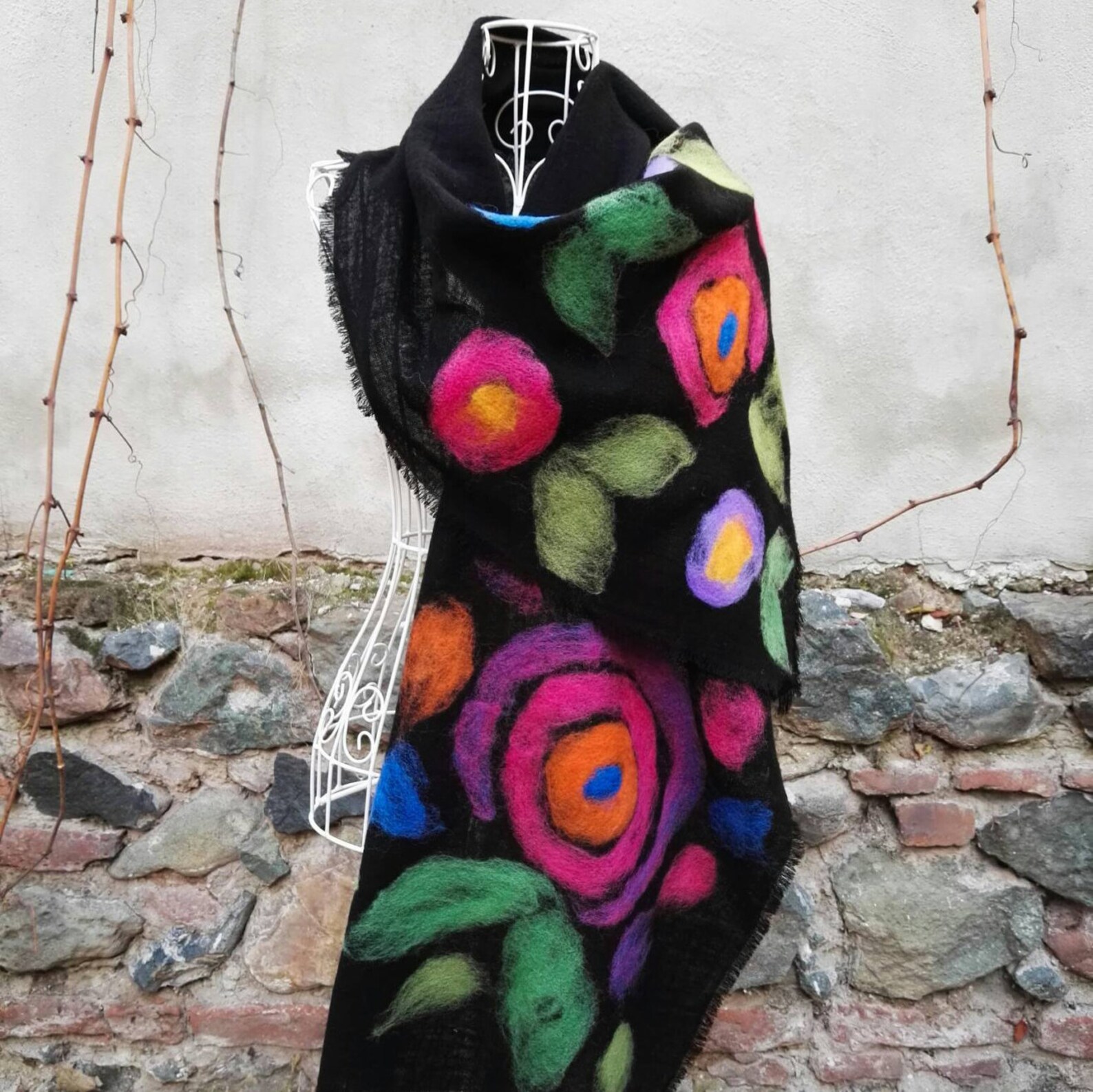 Felted Scarf Handmade Felted With Colorful Roses Black Floral - Etsy