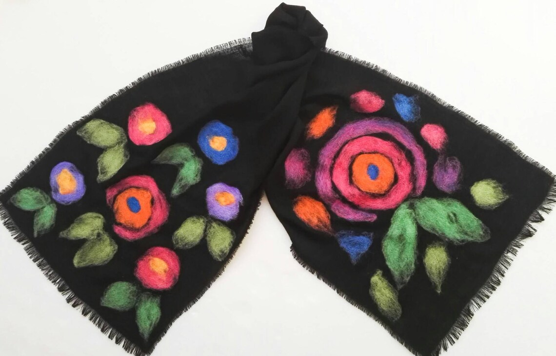 Felted Scarf Handmade Felted With Colorful Roses Black Floral - Etsy