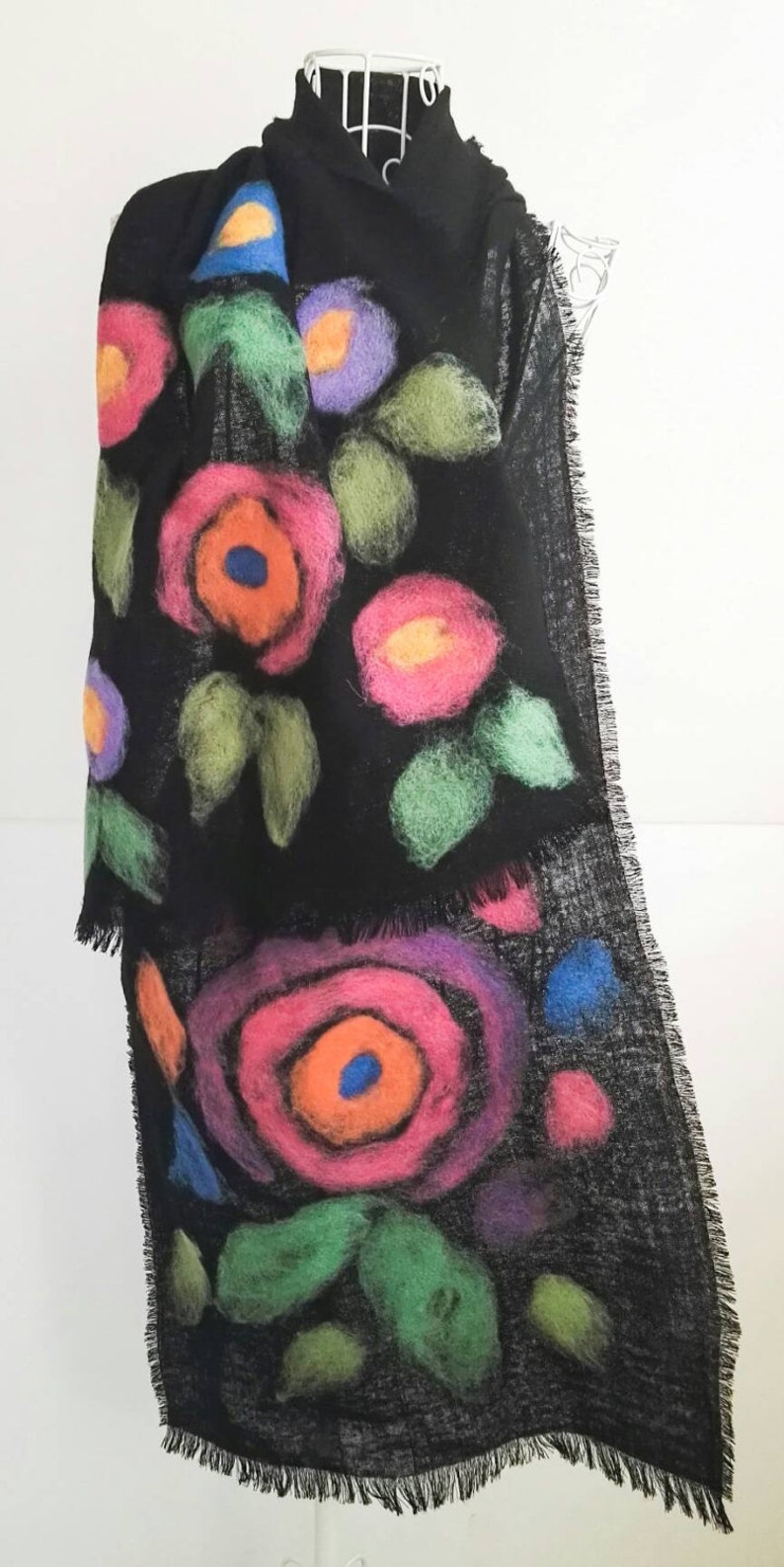 Felted Scarf Handmade Felted With Colorful Roses Black Floral - Etsy