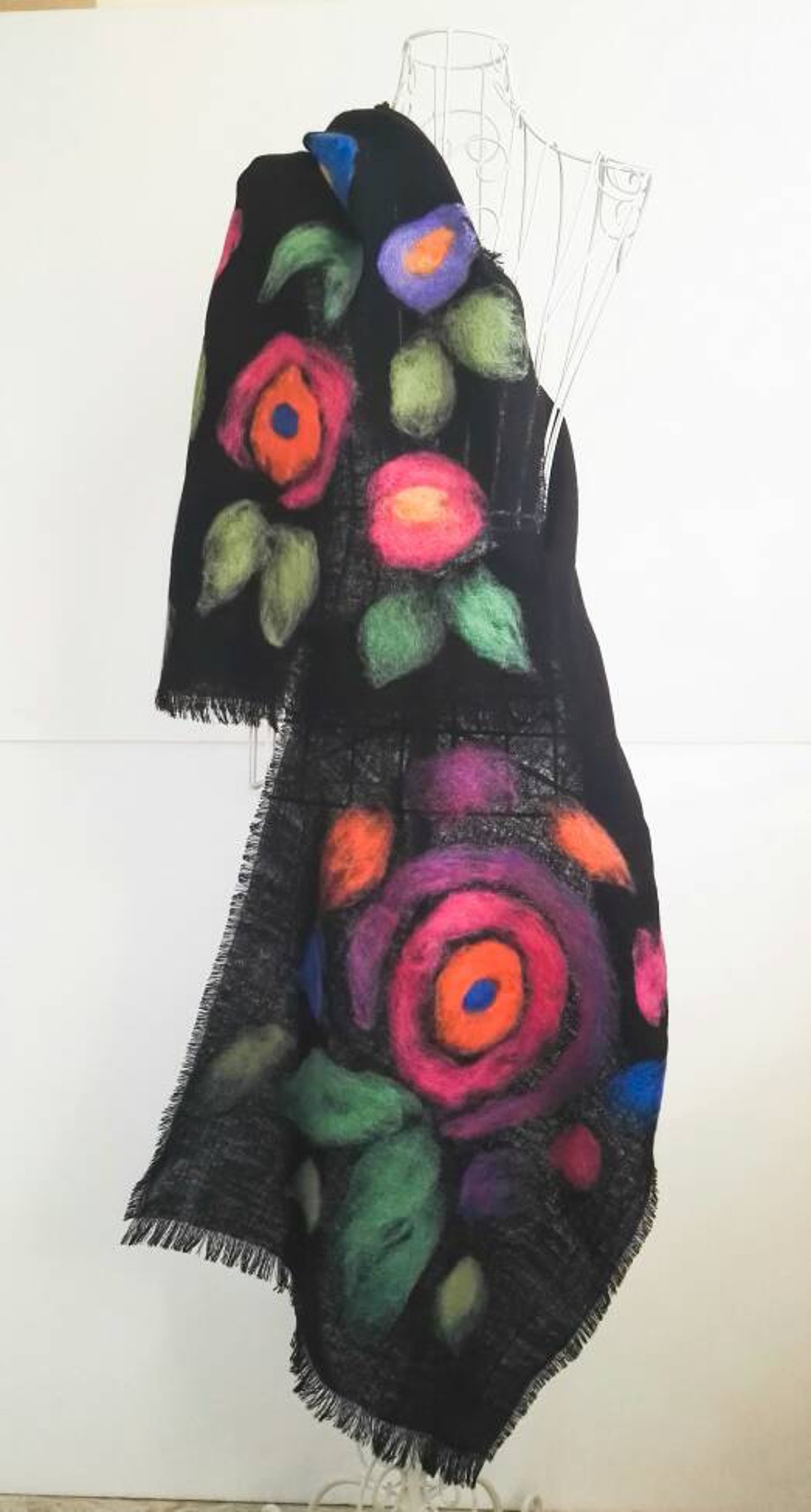 Felted Scarf Handmade Felted With Colorful Roses Black Floral - Etsy