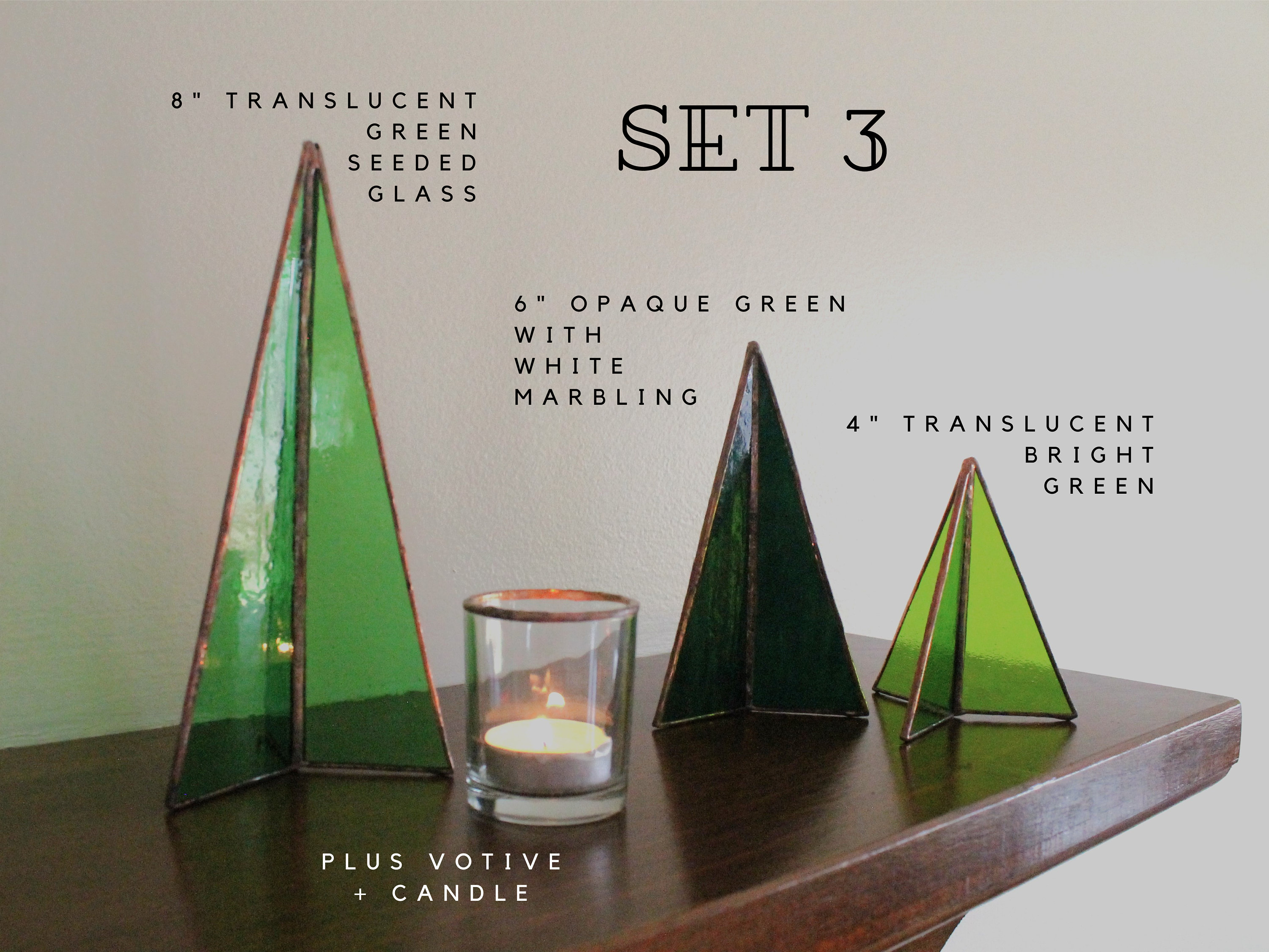Handmade Stained Glass Trees – Green Modern Decor, Set of 3 With Votive ...