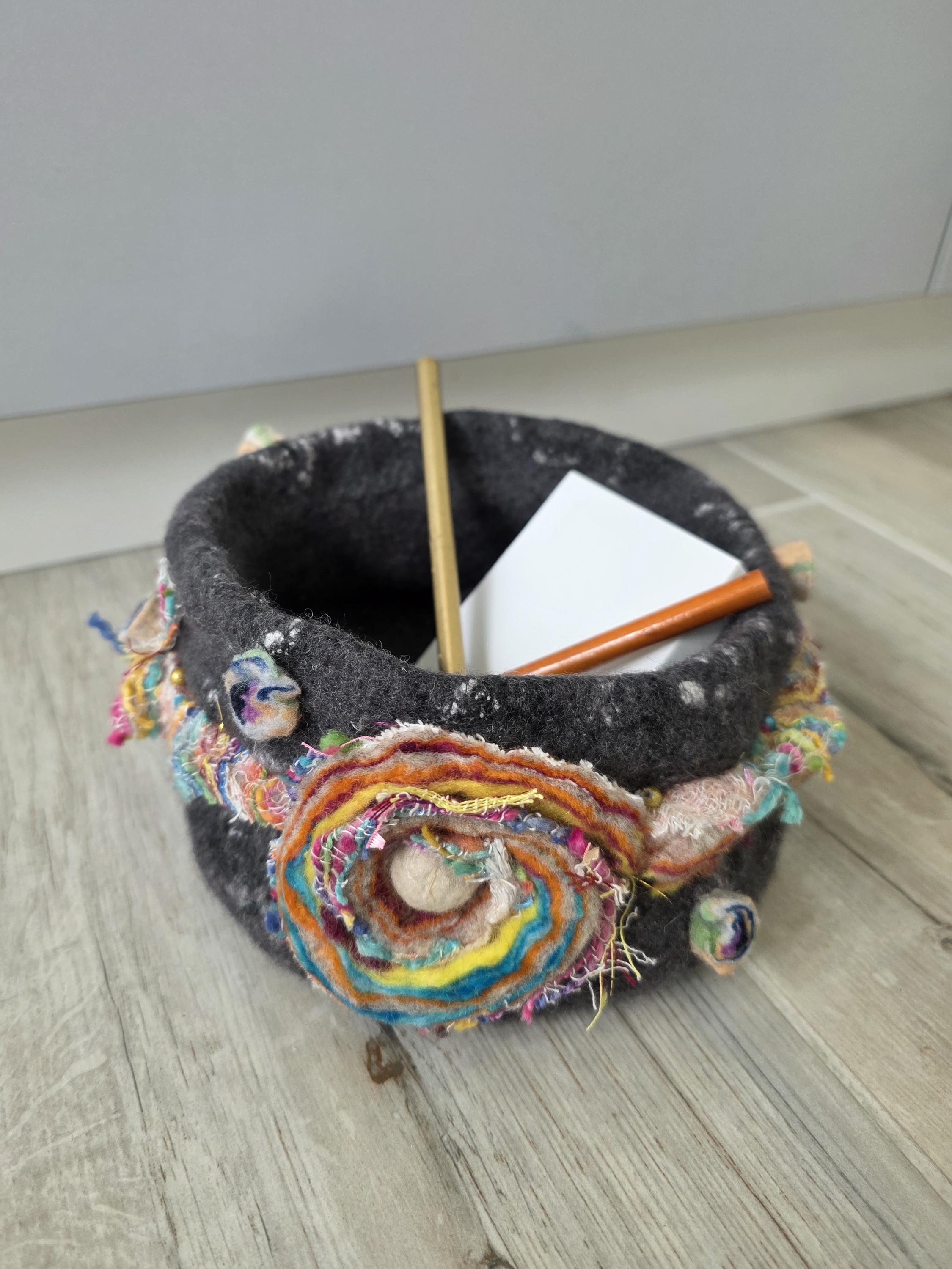 Felted Wool Bowl: Gray Fiber Art Basket, Colorful Boho Decor. Handmade ...