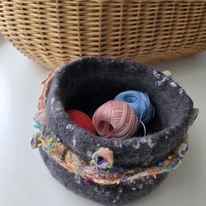 Handmade Felted Wool Bowl: Gray Fiber Art Basket, Colorful Boho Decor ...