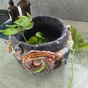 Handmade Felted Wool Bowl: Gray Fiber Art Basket, Colorful Boho Decor ...
