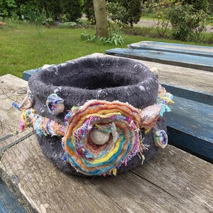 Handmade Felted Wool Bowl: Gray Fiber Art Basket, Colorful Boho Decor ...