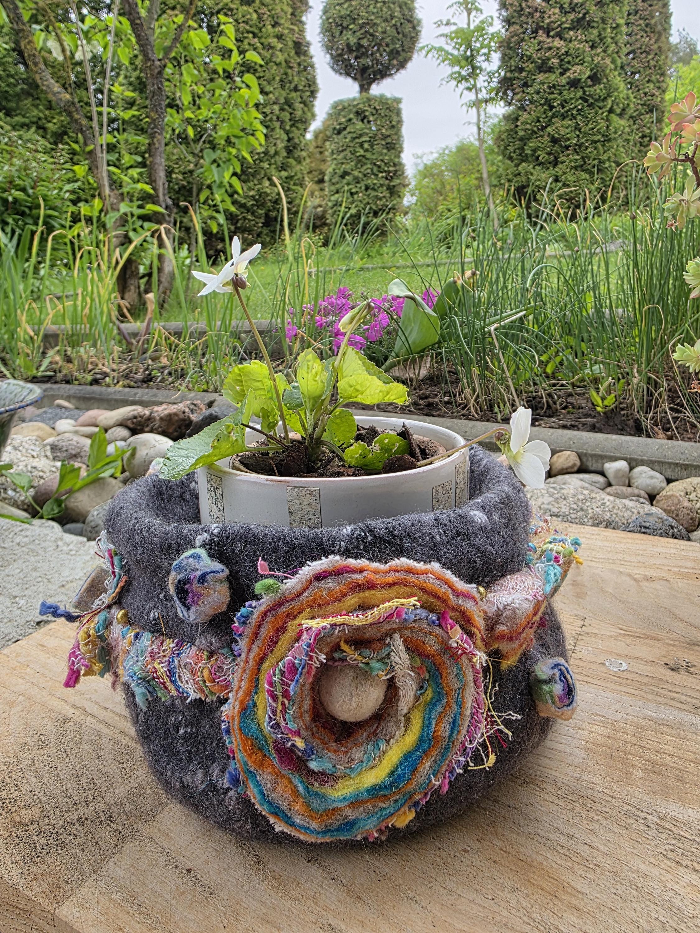 Felted Wool Bowl: Gray Fiber Art Basket, Colorful Boho Decor. Handmade ...