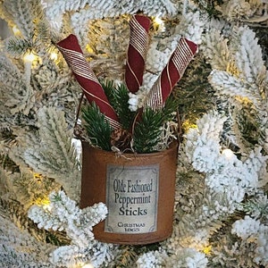 Primitive Peppermint Sticks in Rusty Bucket Tree Ornament ~ Christmas ...