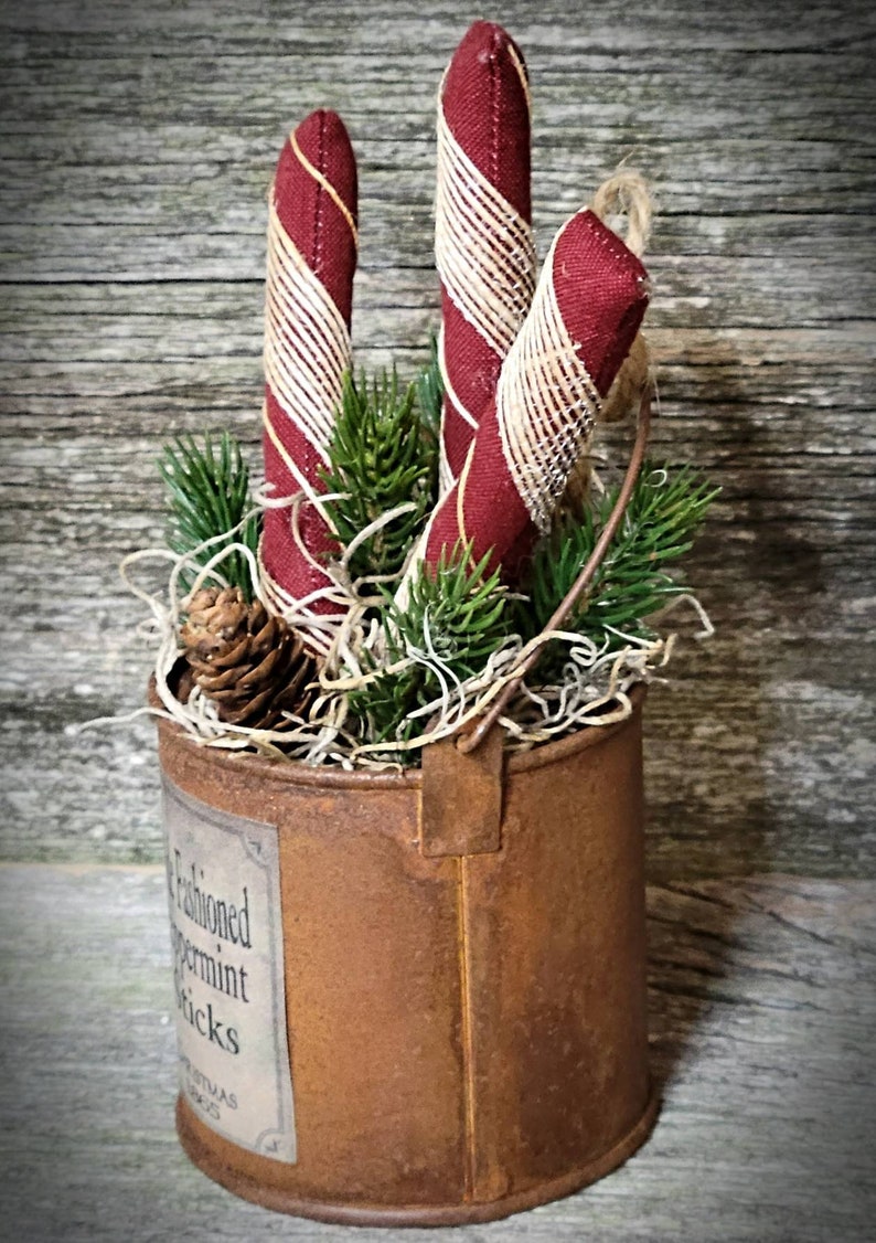 Primitive Peppermint Sticks in Rusty Bucket Tree Ornament - Etsy