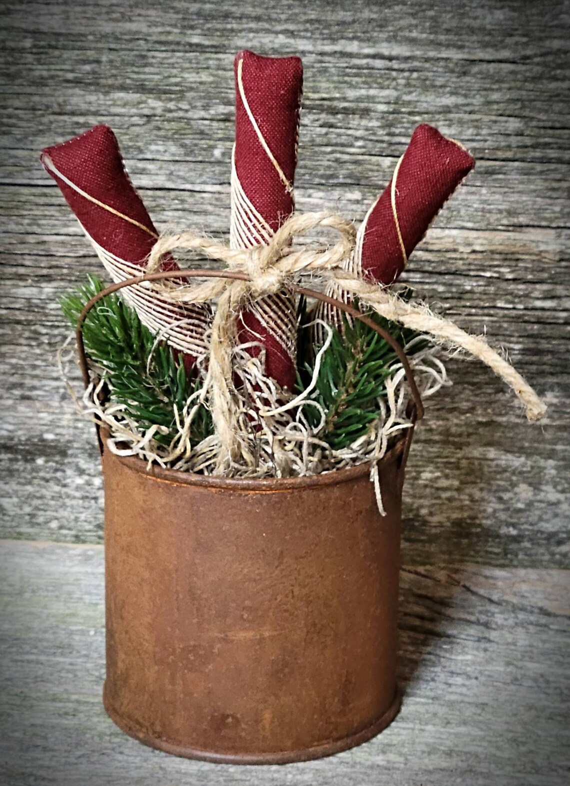 Primitive Peppermint Sticks in Rusty Bucket Tree Ornament ~ Christmas ...