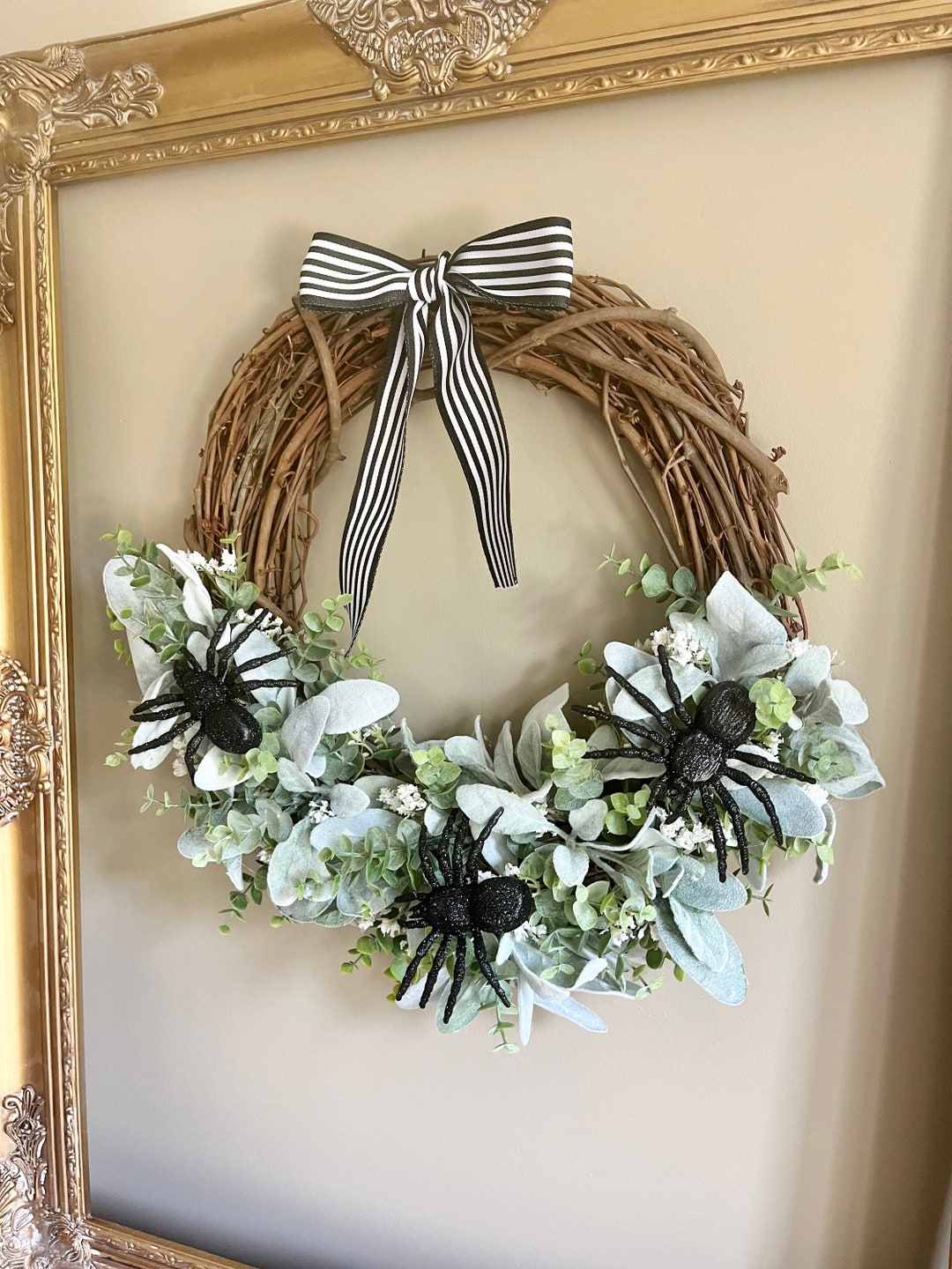 Neutral Halloween Wreath Spider Eucalyptus Lambs Ear Spooky Wreath ...