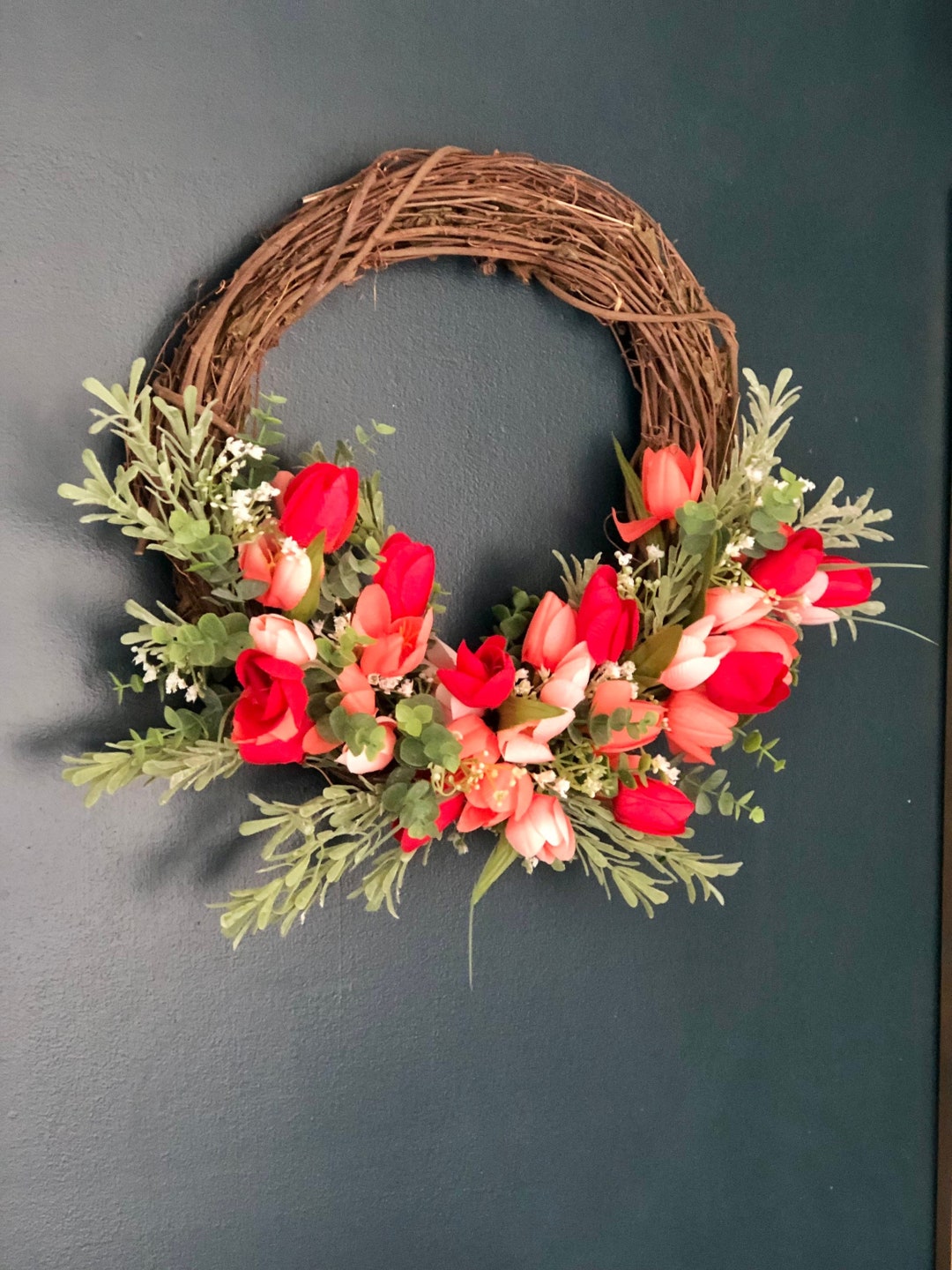 Pink Tulip Spring Wreath Bright Pink Wreath Spring Pink Easter Front ...