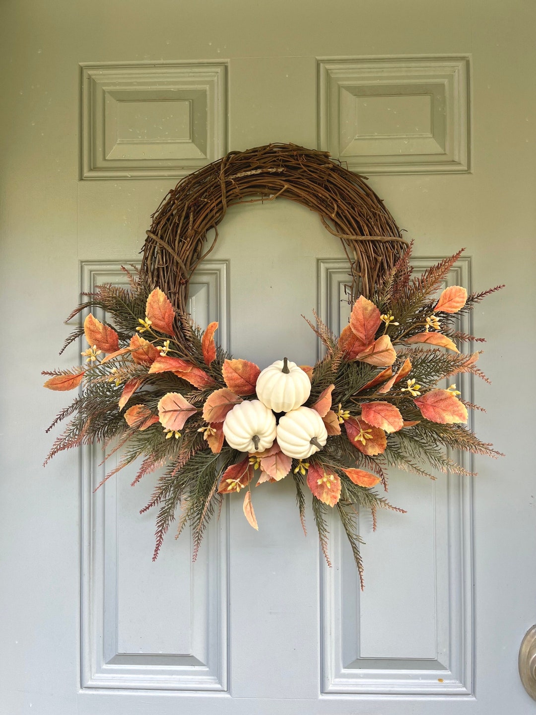White Pumpkin Fall Wreath Traditional Fall Wreath Front Door Fall ...