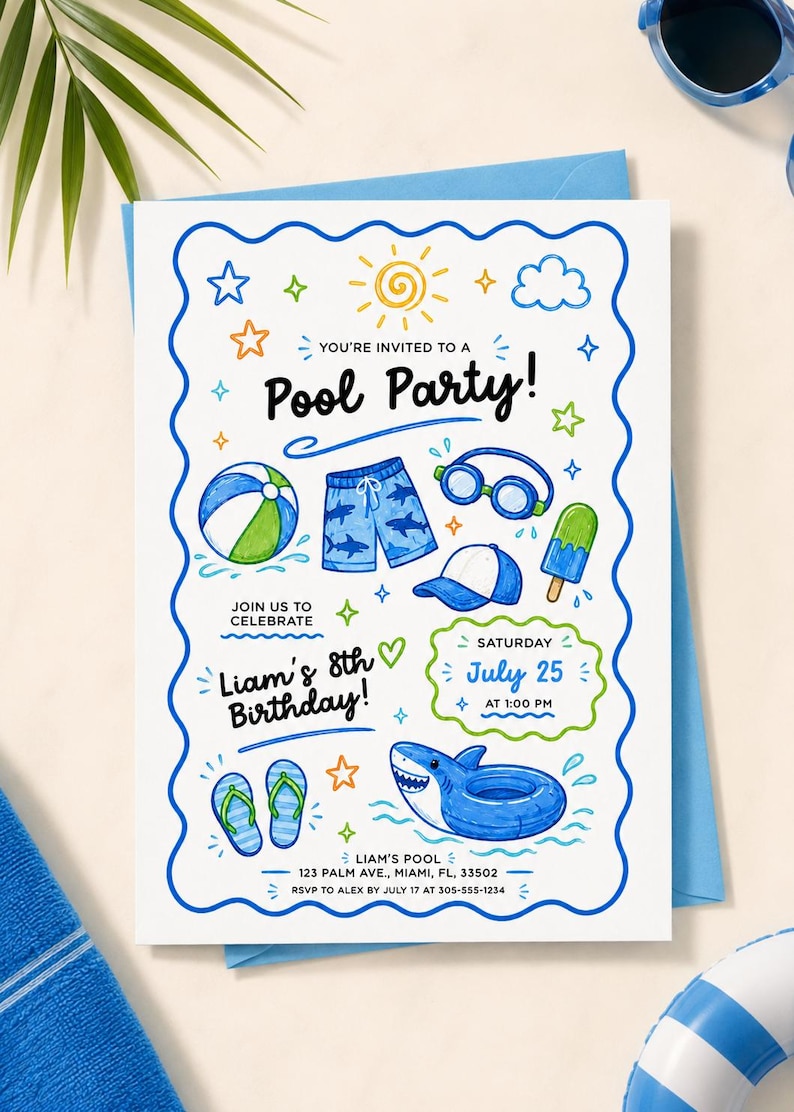 Editable Pool Party Birthday Invitation, Summer Birthday Invite ...