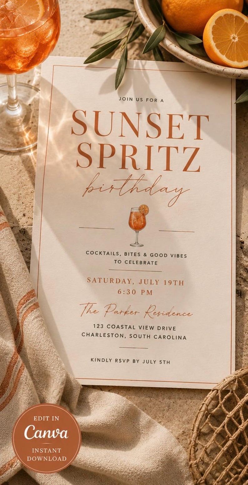 Sunset Spritz Birthday Invitation | Chic Cocktail Party Invite (digital ...