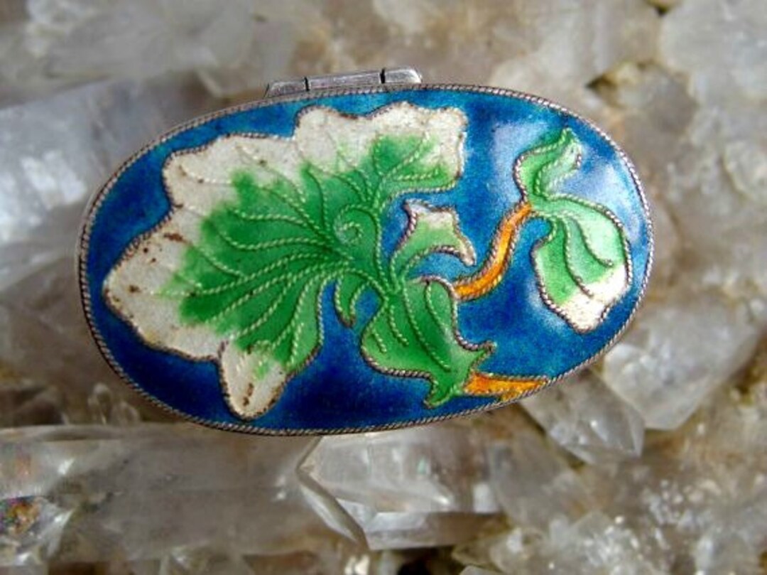 Silver Enamel Miniature Box, Oval Shaped With Hinge, Matte Blue Enamel ...