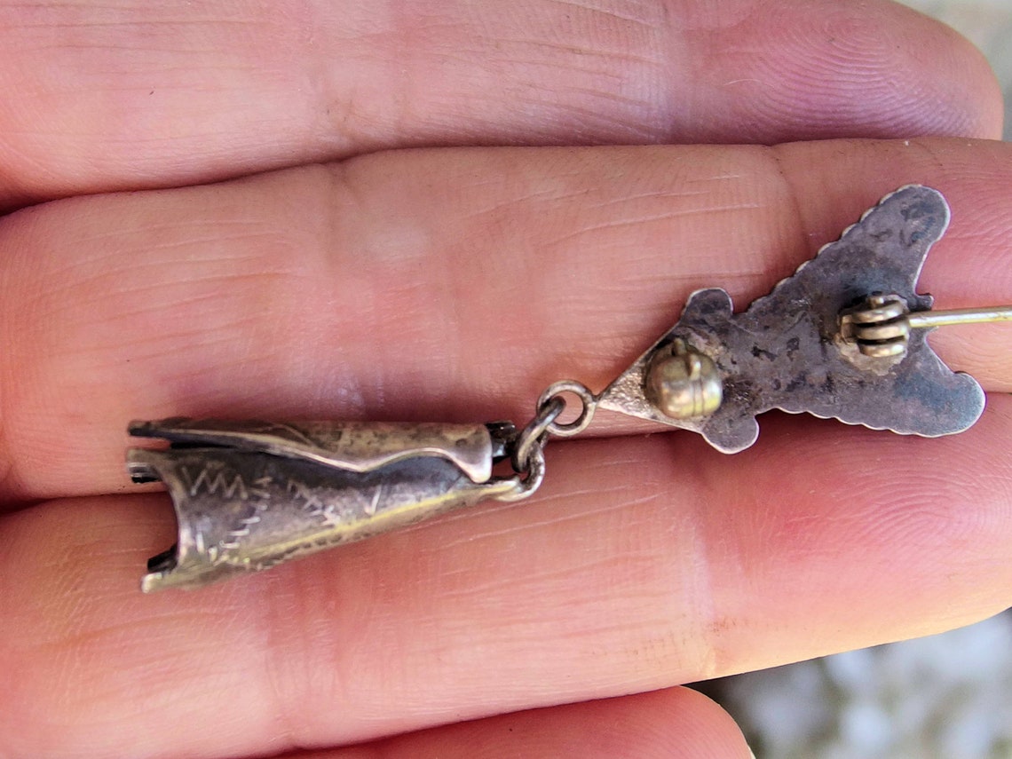 Sterling or Coin Silver Arrow Brooch With Tipi Dangle, Embossed Arrow ...