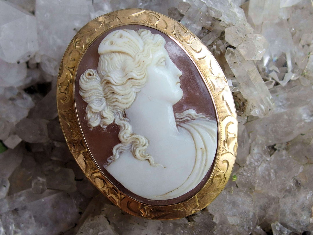 10k Gold Oval Carved Shell Psyche Cameo Brooch, Grand Tour Souvenir ...
