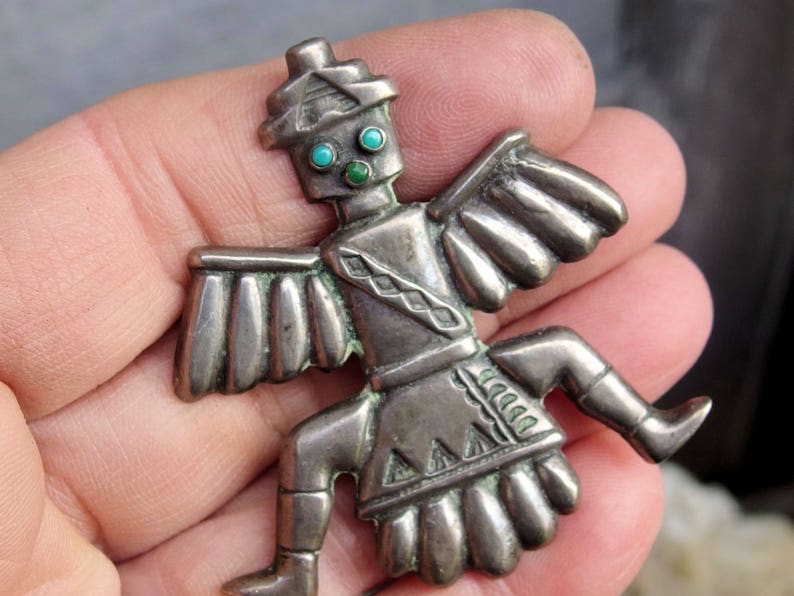 Zuni Knifewing Dancer Pin Cast Silver Turquoise Stamped - Etsy