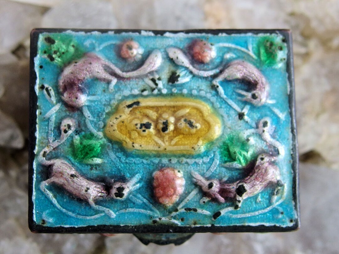 Antique Miniature Enamel Hinged Box Signed 'china', Four Long Tailed ...