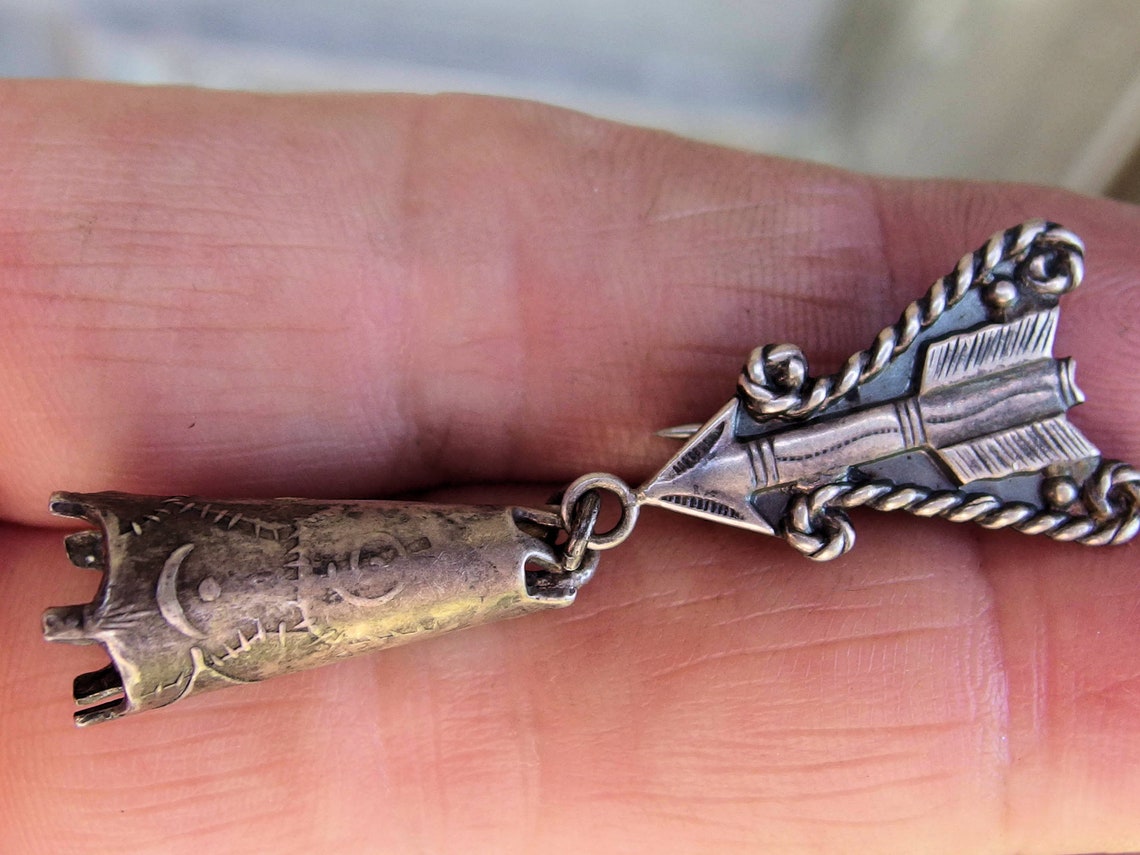 Sterling or Coin Silver Arrow Brooch With Tipi Dangle, Embossed Arrow ...