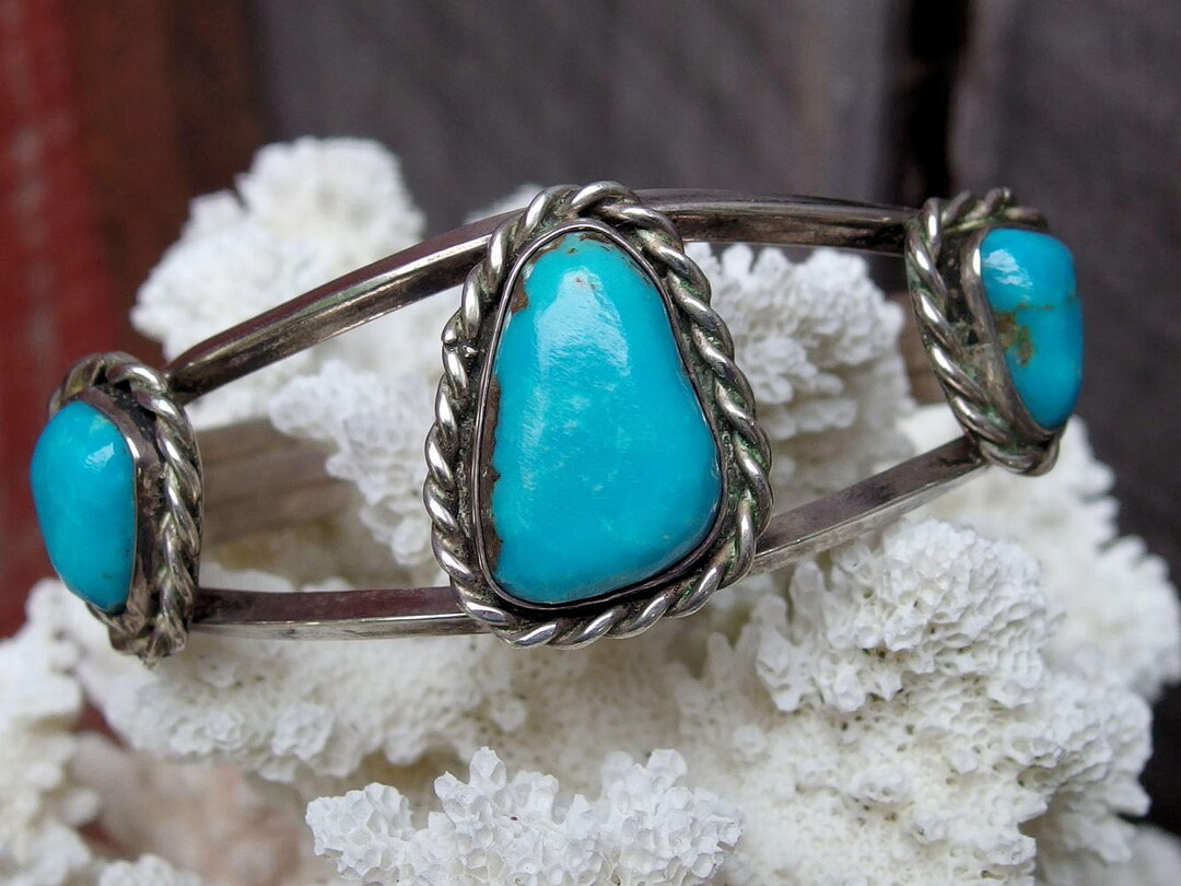 Silver Turquoise Cuff Bracelet, Twin Rail Cuff, 3 Sky Blue Polished ...