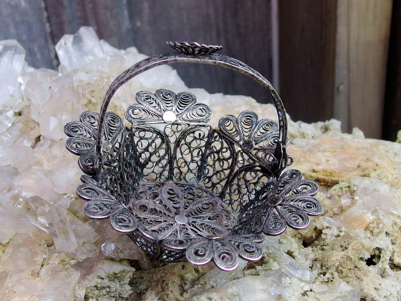 Etruscan Style Silver Filigree Spun Wire Basket, Intricate Floral ...