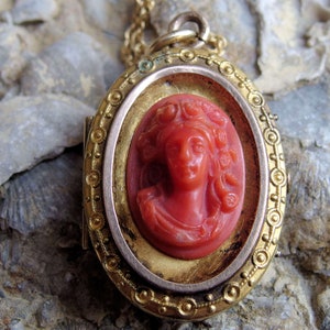 Red Coral Cameo Gold Fill Locket, Gilt Finish With Diamond on Back, 18 ...