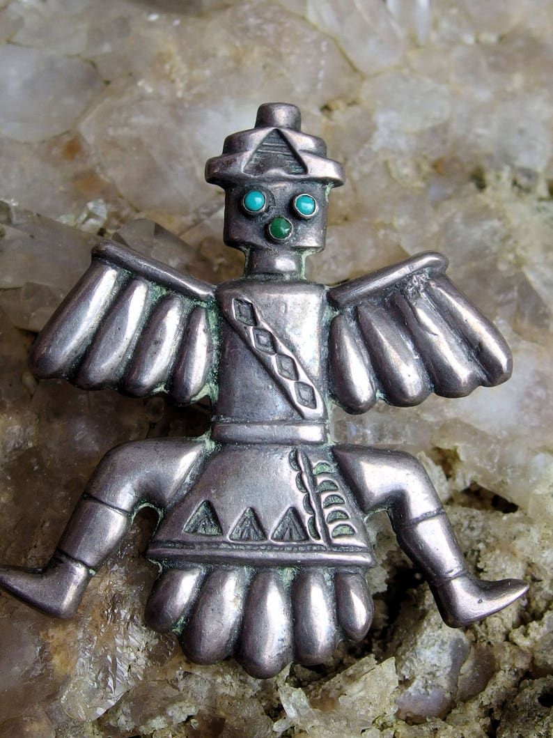 Zuni Knifewing Dancer Pin Cast Silver Turquoise Stamped - Etsy