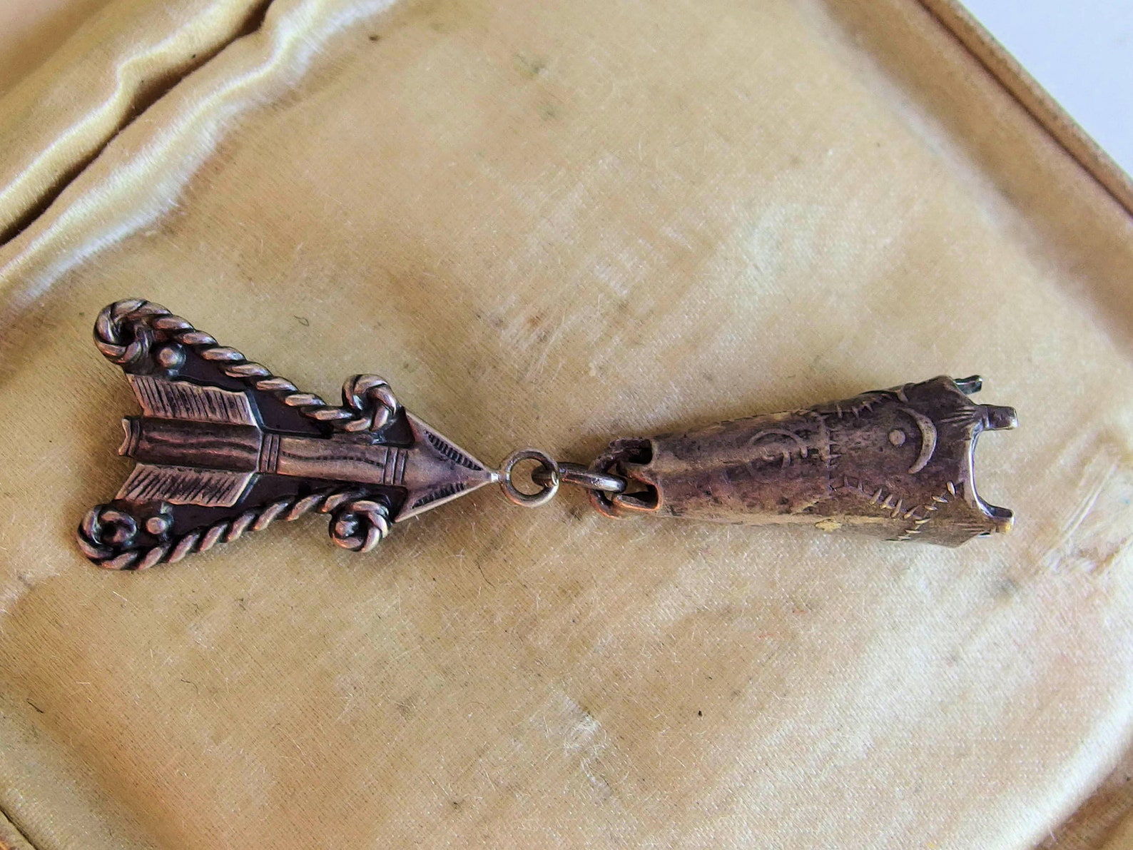 Sterling or Coin Silver Arrow Brooch With Tipi Dangle, Embossed Arrow ...
