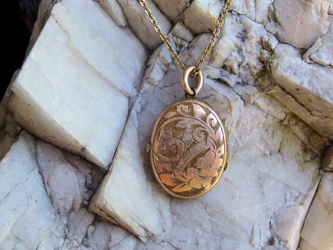 19th C. Engraved Rolled Gold Locket, Elaborate Front & Back Design, 19 ...
