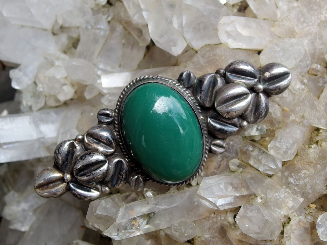 Sterling Silver Green Stone Coffee Bean Brooch, Vivid Green Agate or ...