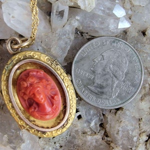 Red Coral Cameo Gold Fill Locket, Gilt Finish With Diamond on Back, 18 ...