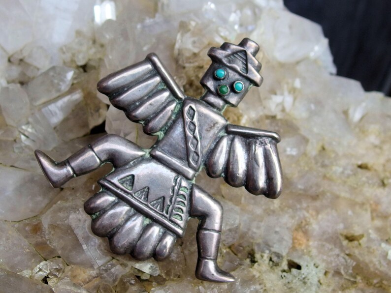 Zuni Knifewing Dancer Pin Cast Silver Turquoise Stamped - Etsy