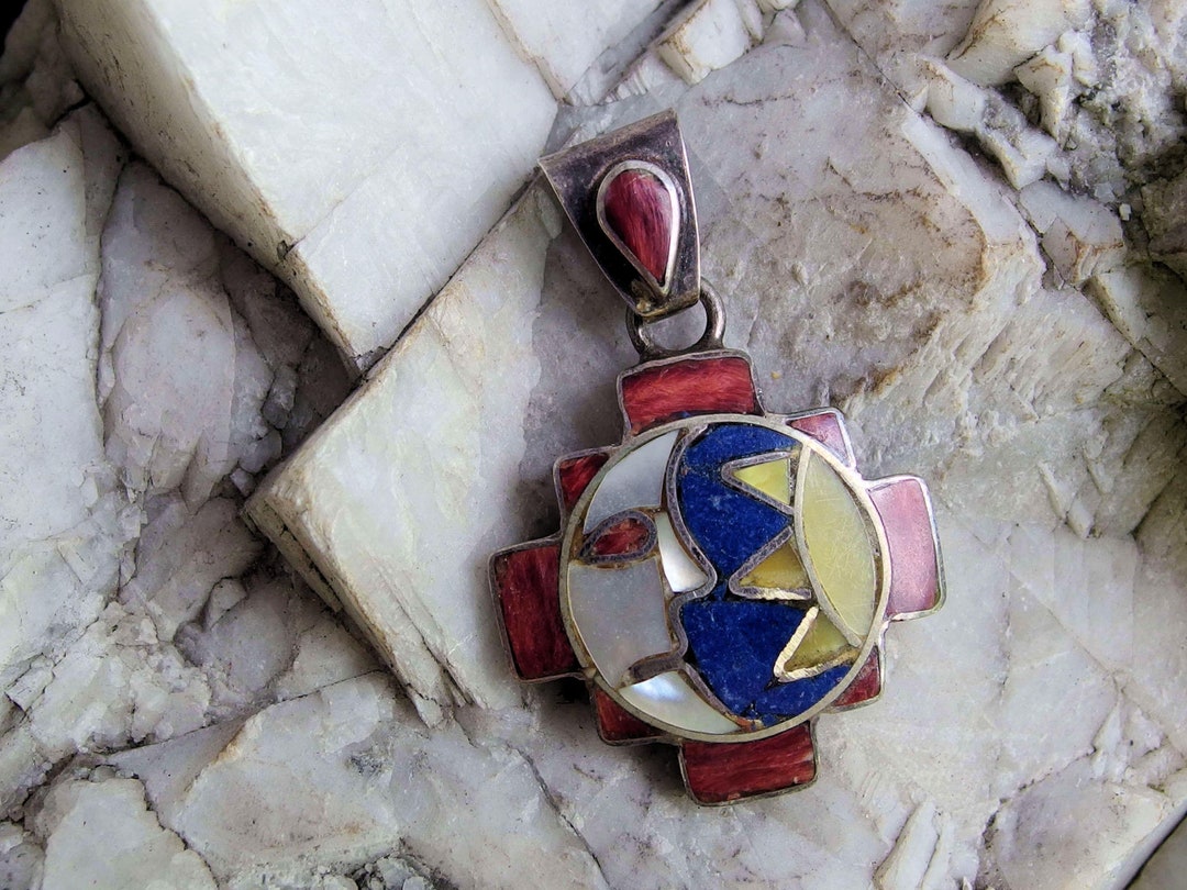 950 Silver Sun & Moon Stone Inlay Pendant, Coral, Lapis Lazuli, MOP ...