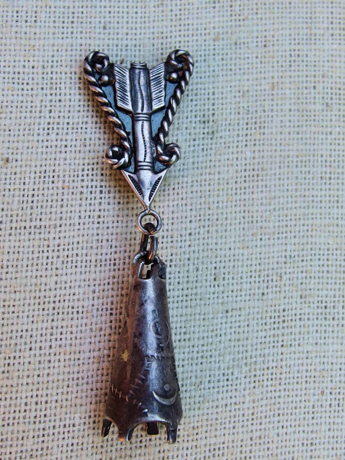 Sterling or Coin Silver Arrow Brooch With Tipi Dangle, Embossed Arrow ...