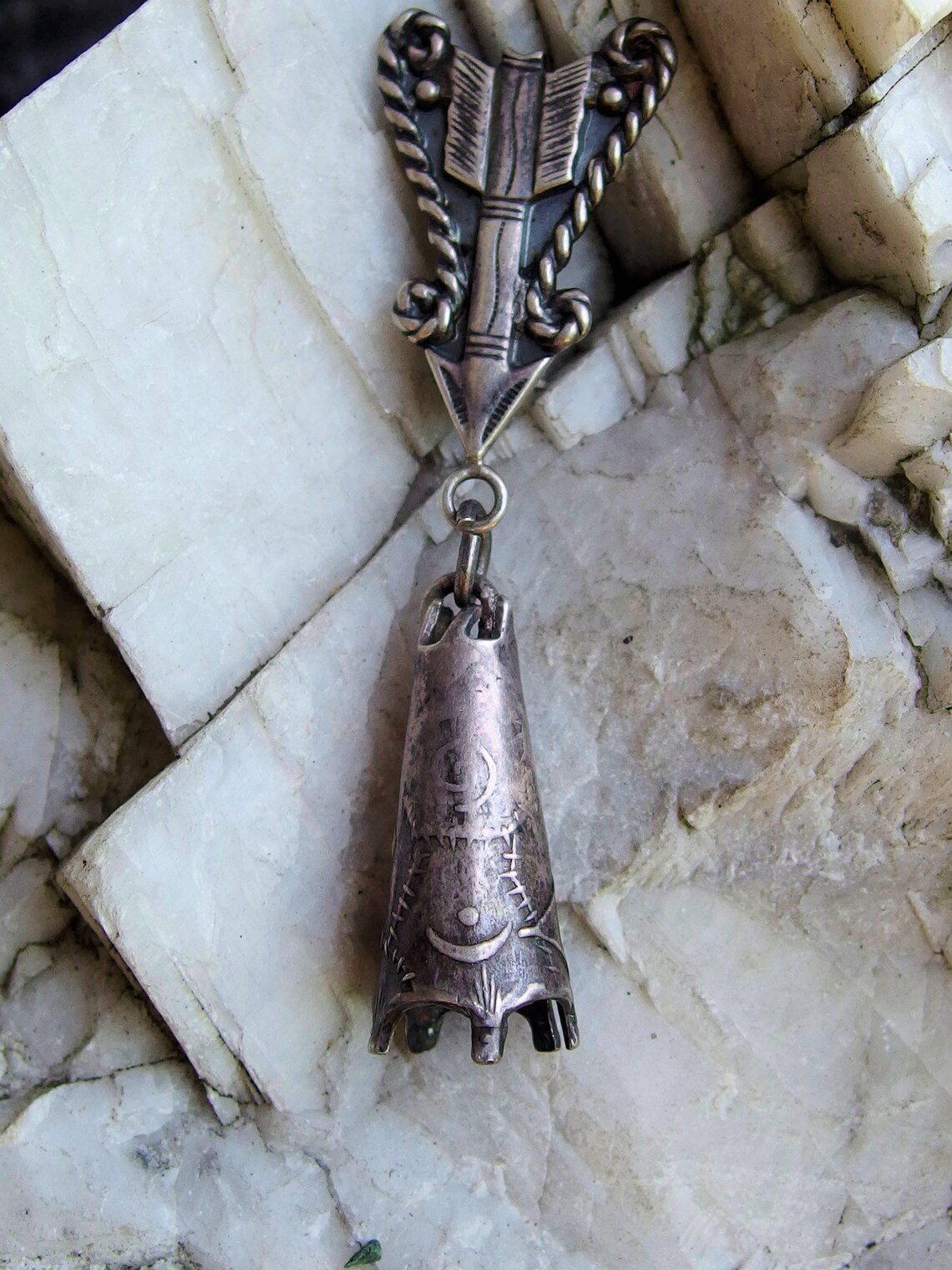 Sterling or Coin Silver Arrow Brooch With Tipi Dangle, Embossed Arrow ...