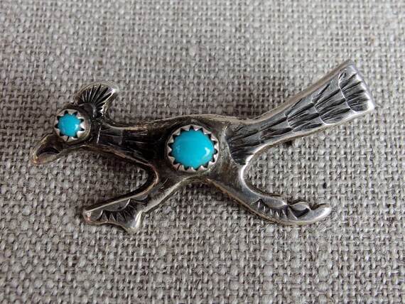 Navajo Silver Turquoise Road Runner Brooch, Stamped D… - Gem