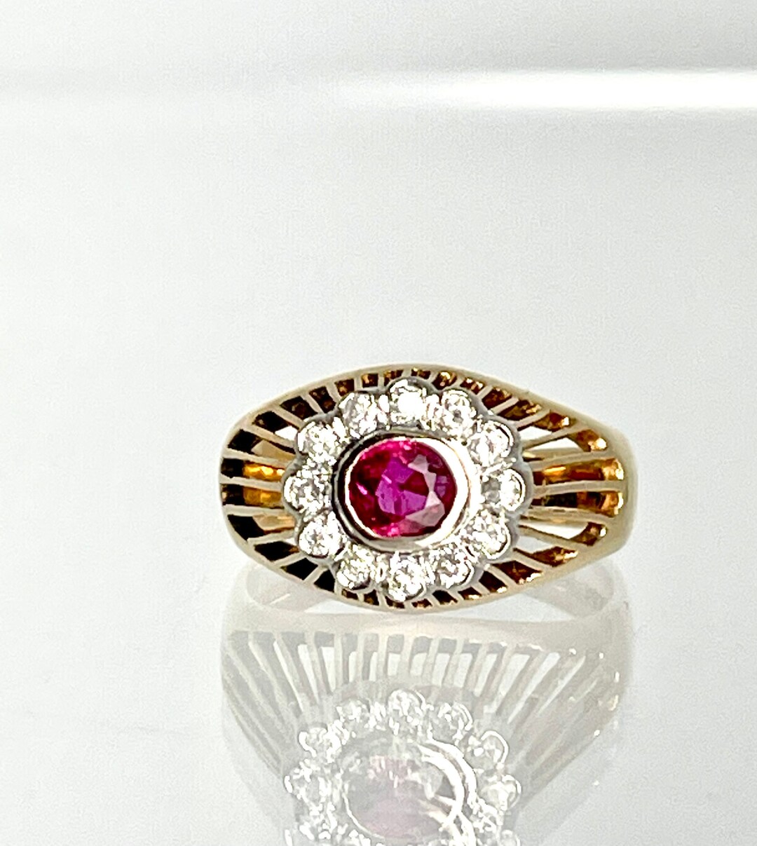 Vintage 14K Yellow Gold Ruby and Diamond Ring, Elevated Ruby Setting - Etsy