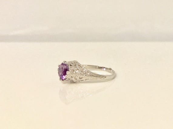 18K White Gold Filigree Amethyst Ring: Vintage Edward… - Gem