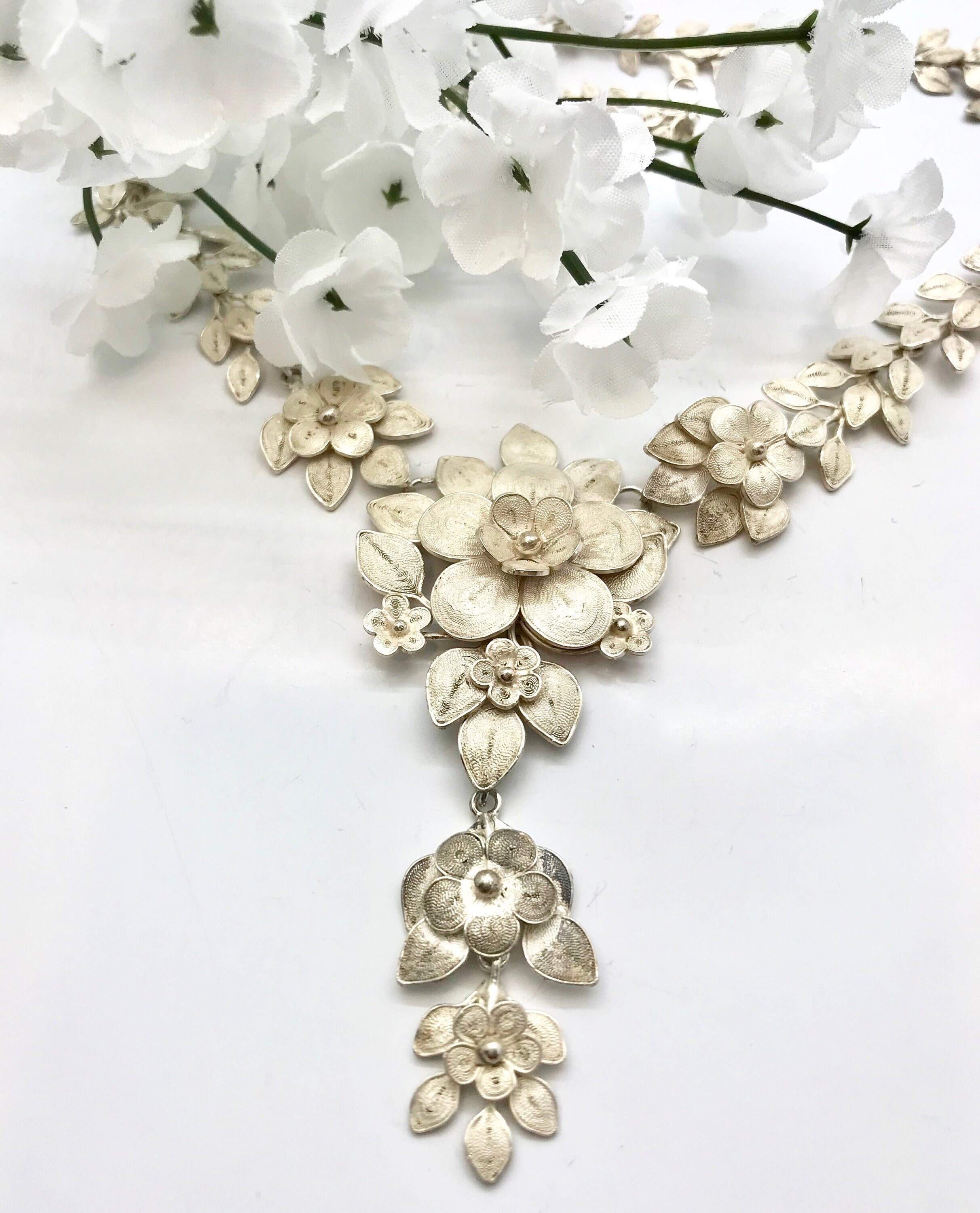 Silver Flower and Leaf Necklace, Silver Link Necklace, Vintage Silver ...